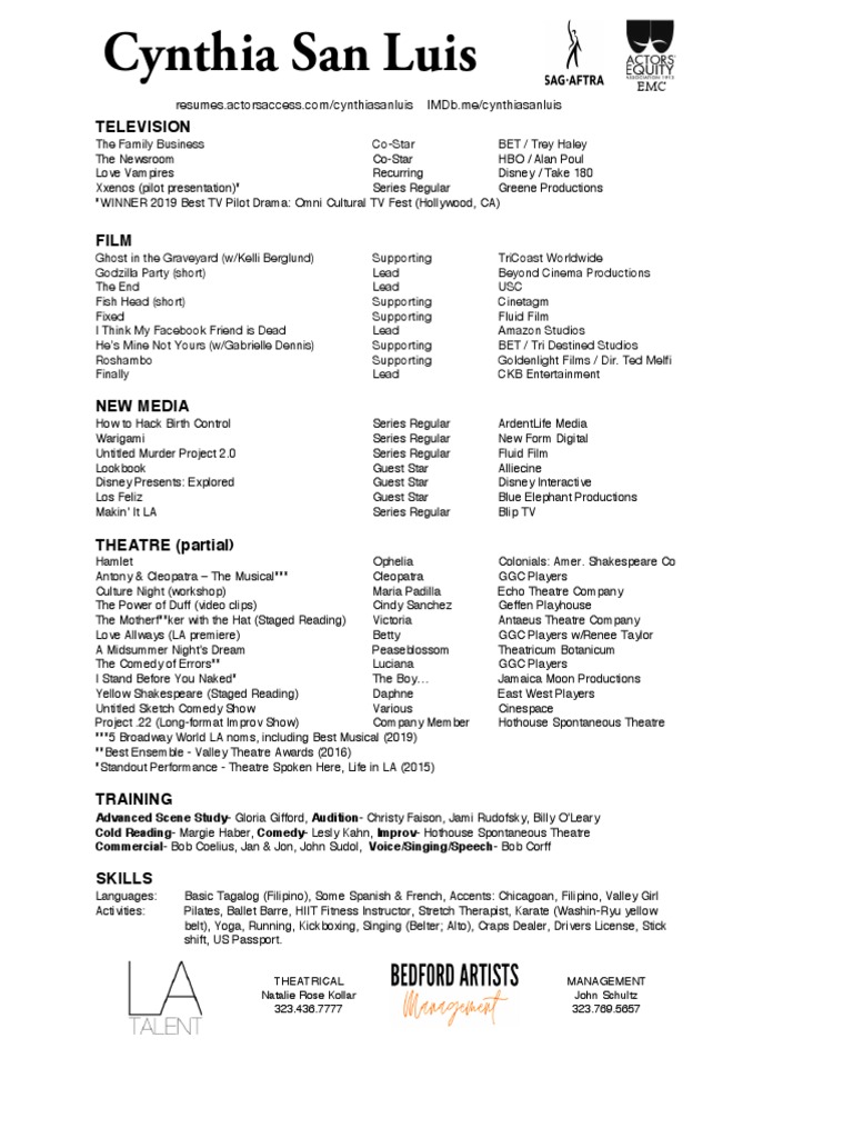 Cynthia San Luis 2021 Weebly Resume | PDF | Entertainment | Theatre
