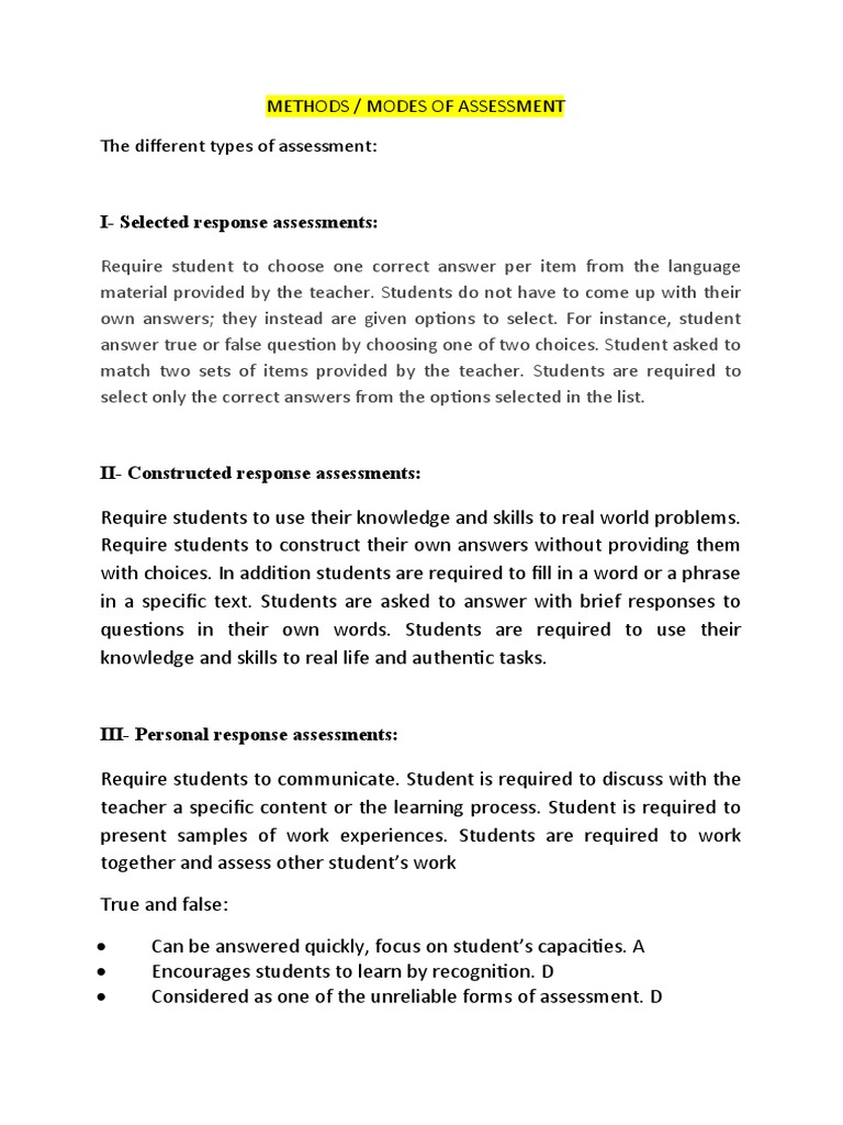 I-Selected Response Assessments:: Methods / Modes of Assessment The ...