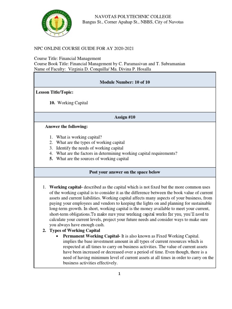Module 10 Assign#10 | PDF | Working Capital | Credit
