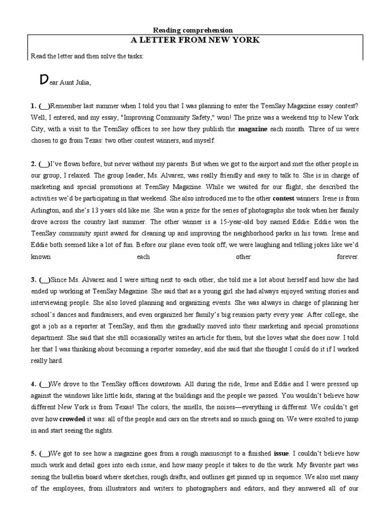 A Letter From New York: Reading Comprehension | PDF