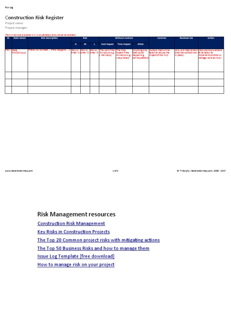 Construction Risk Register: Project Name: Project Manager | PDF