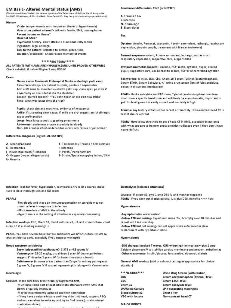 EM Basic-Altered Mental Status (AMS) | PDF | Meningitis | Stroke