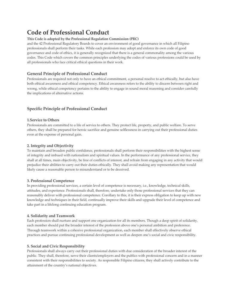 PRC Code of Professional Conduct | PDF | Integrity | Competence (Human ...