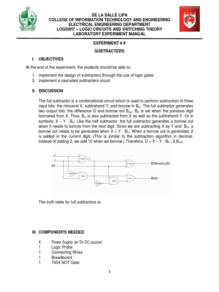 Experiment 8 Subtracters PDF | PDF | Subtraction | Electronic Circuits
