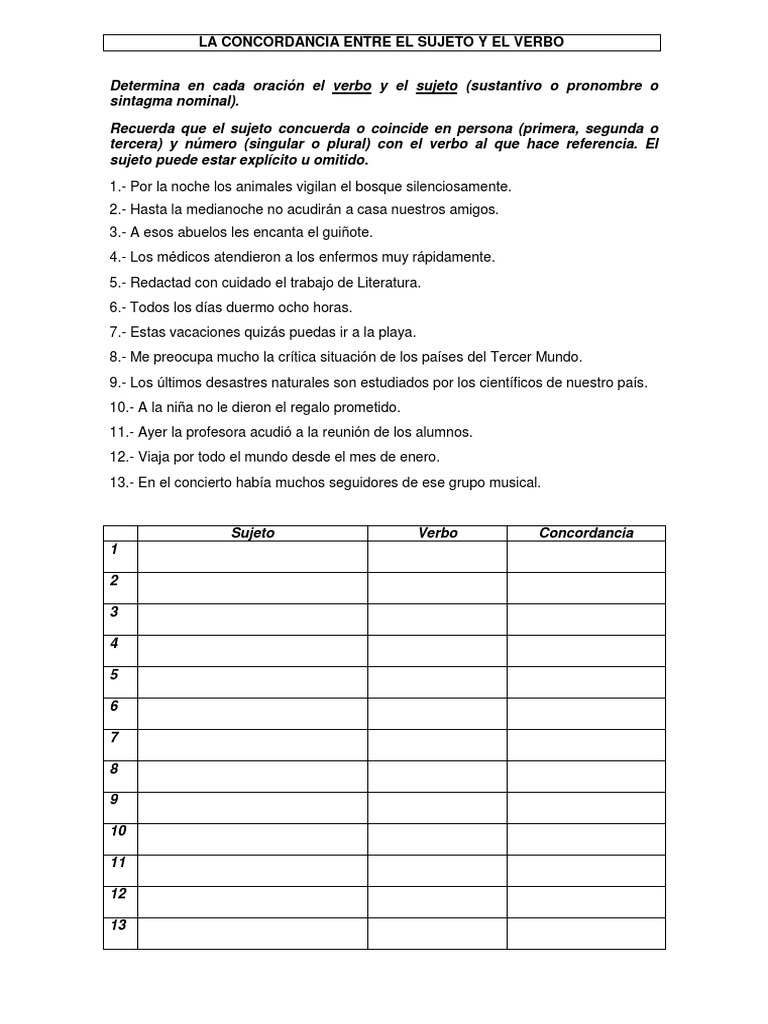 Concordancia Sujeto-Verbo en Oraciones | PDF | Artes del Lenguaje y ...