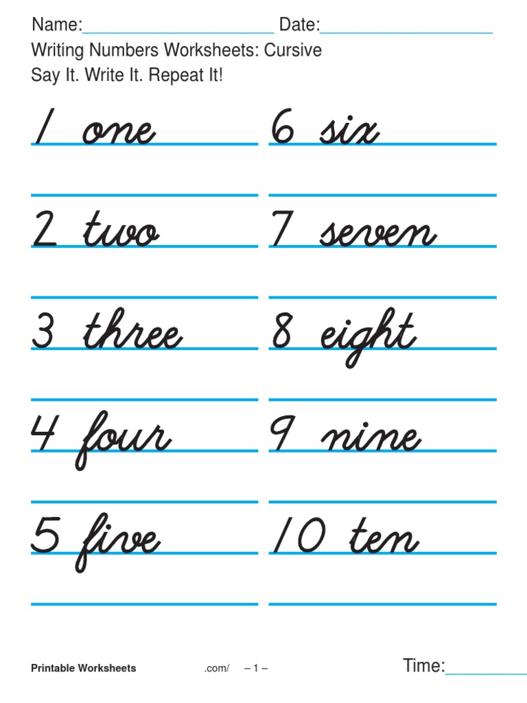 Writing Numbers Worksheets Cusive 1-100 | PDF