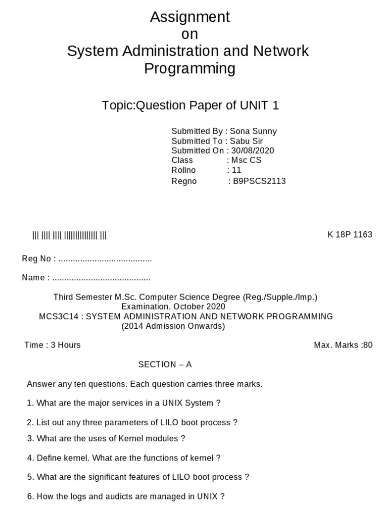 Assignment On System Administration and Network Programming: Topic:Question Paper of UNIT 1 ...