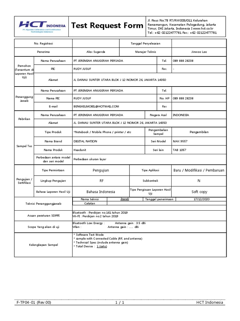 F-TP04-01 (Test Request Form - Indonesia) | PDF