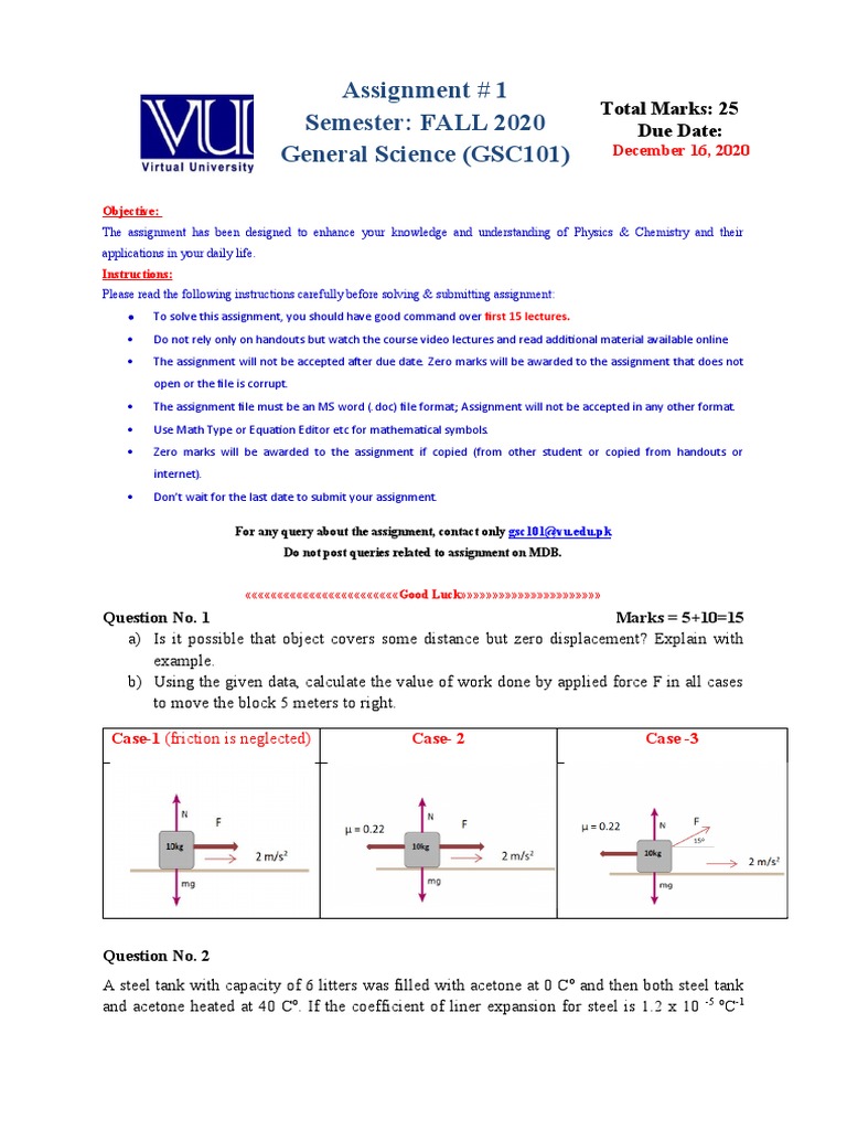 Assignment # 1 Semester: FALL 2020 General Science (GSC101) : December 16, 2020 | PDF | Physics ...
