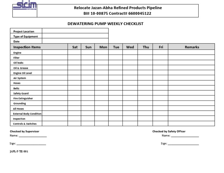 JAPL-F-TE-001-Dewatering Pump Inspection Checklist | PDF