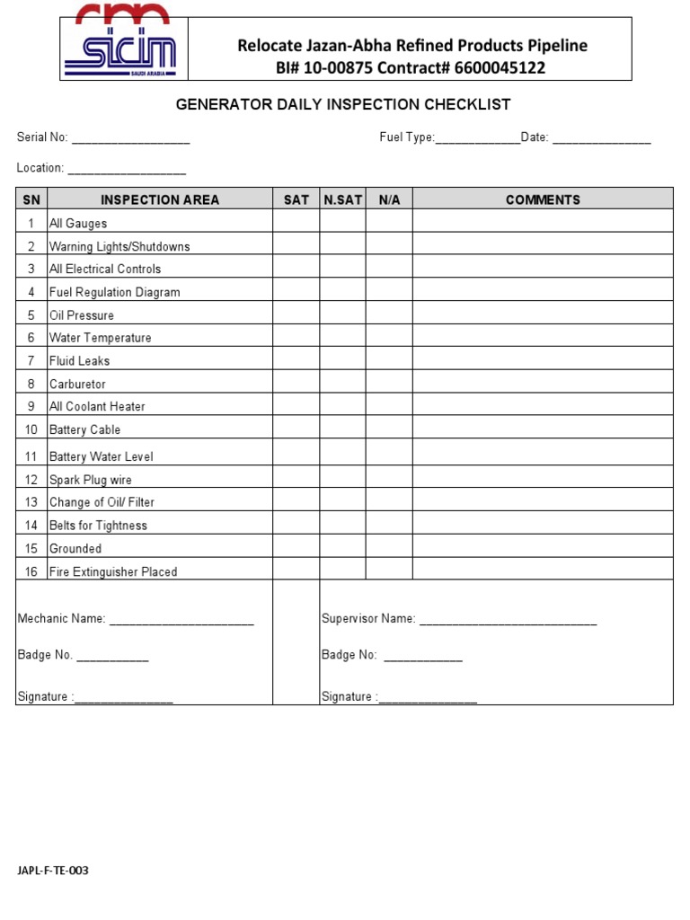 JAPL-F-TE-003-Generator Daily Inspection Checklist | PDF