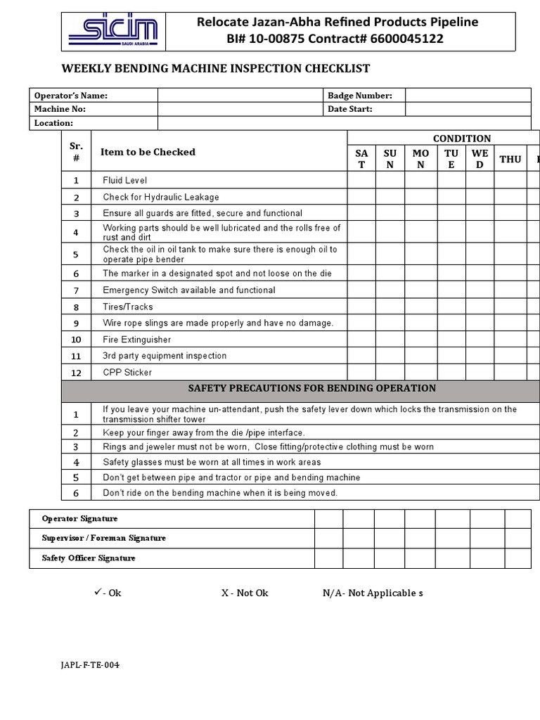 JAPL-F-TE-004-Bending Machine Checklists | PDF