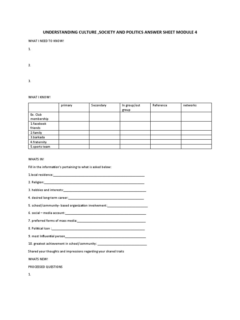 Ucsp Module 4 Answer Sheet | PDF | Social Science | Lifestyle