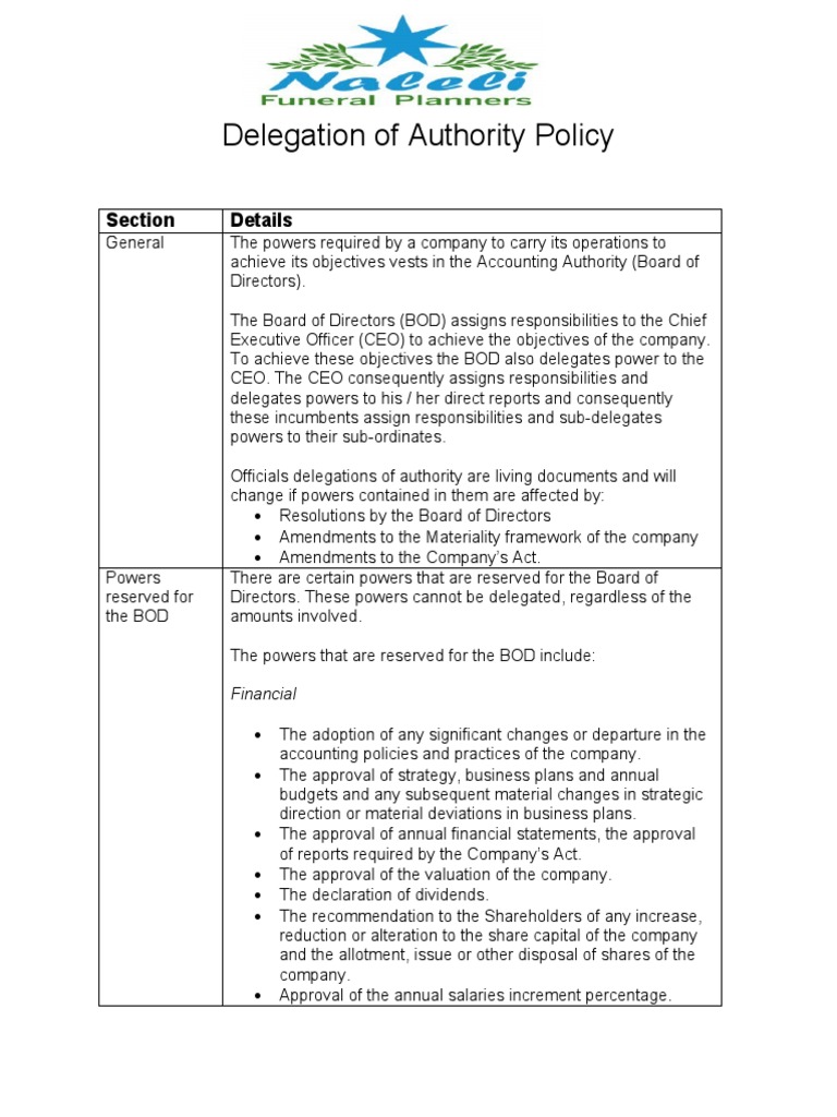 Delegation of Authority Policy: Section Details | PDF | Board Of ...