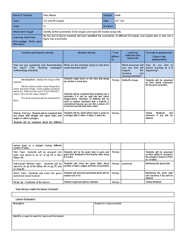 Math Class 4 Lesson Plan | PDF | Vertex (Geometry) | Psychology