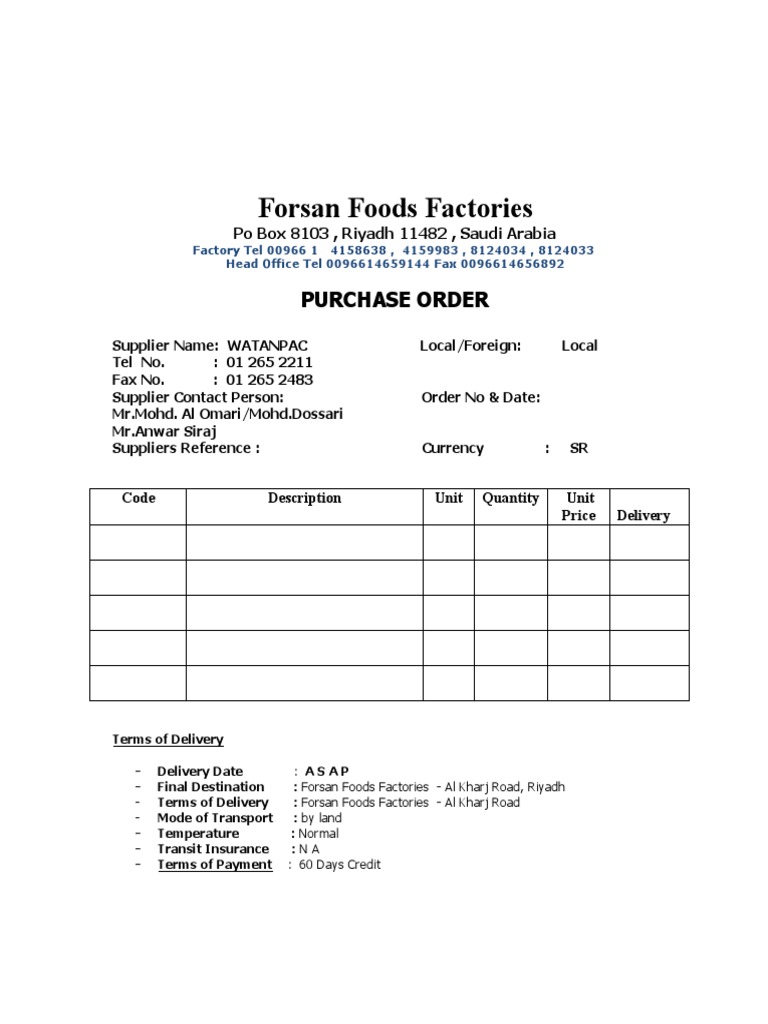 Forsan Foods Purchase Order Details | PDF | Packaging And Labeling ...