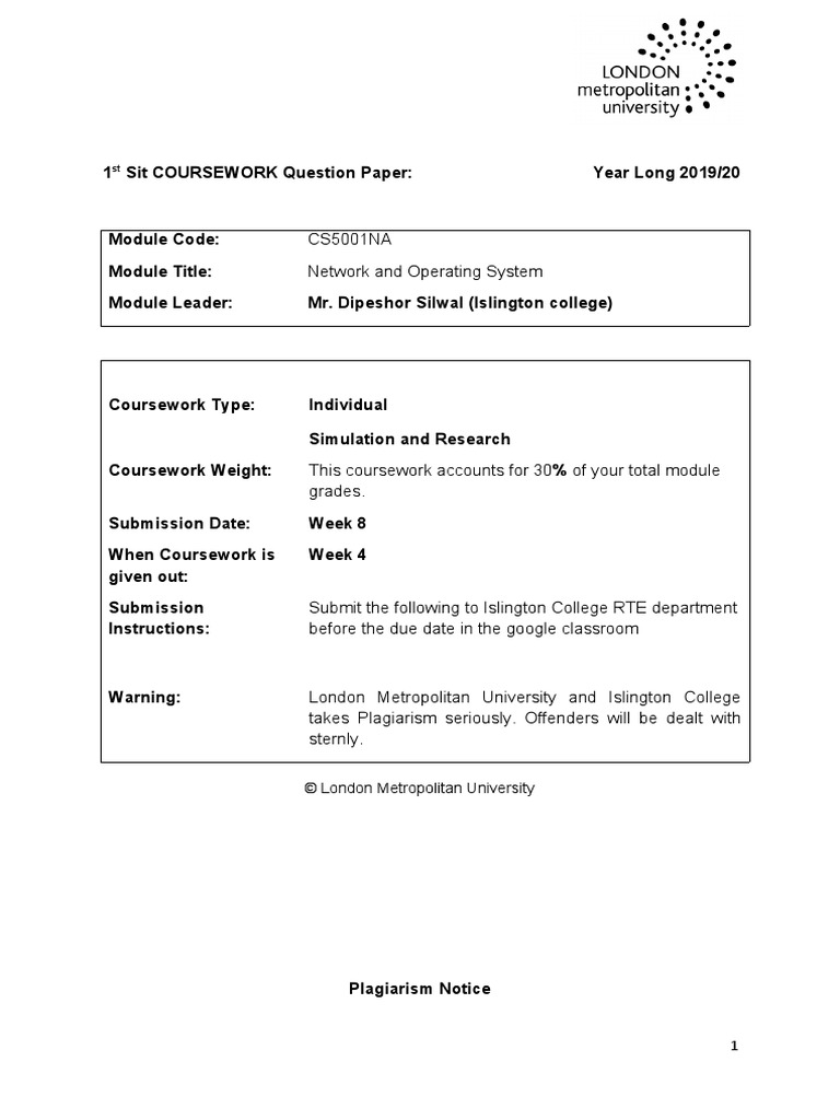CS5001NA - Network and Operating System Y19 Autumn (1st Sit) - CW1 QP ...