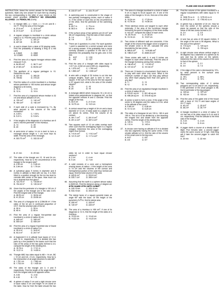 PLANE AND SOLID GEOMETRY | PDF | Area | Sphere