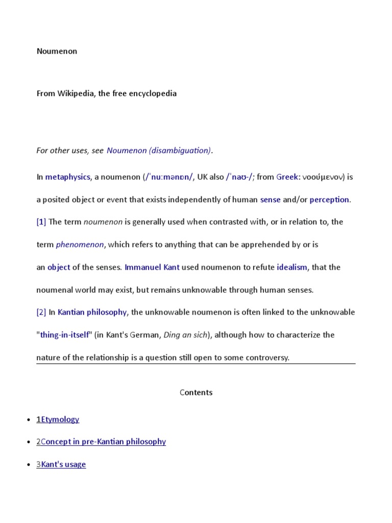 The Unknowable Noumenon: A Summary of Kant's Metaphysical Concept | PDF ...