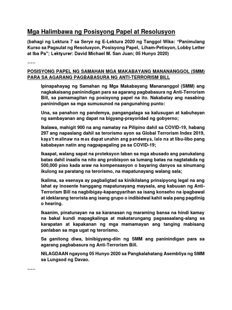 Mga Halimbawang Posisyong Papelat Resolusyon | PDF