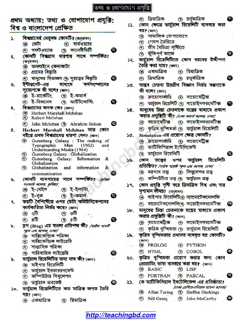 World and Bangladesh Perspective HSC Ict MCQ Question With Answer1 PDF ...