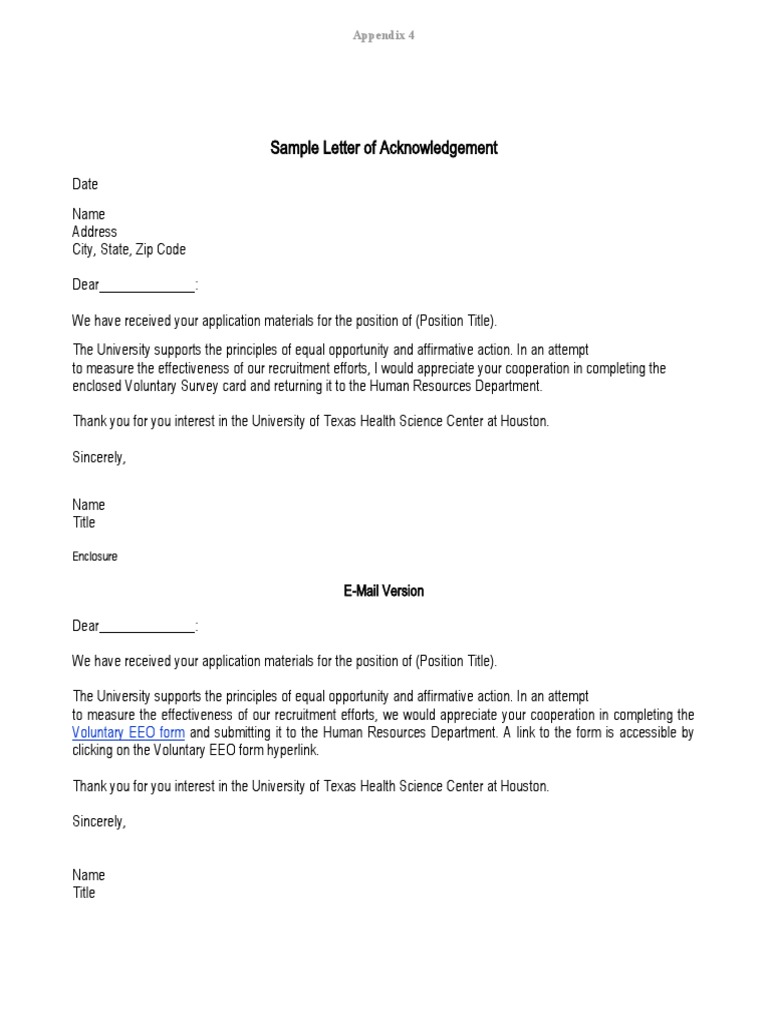 Sample Letter of Acknowledgement: Voluntary EEO Form | PDF