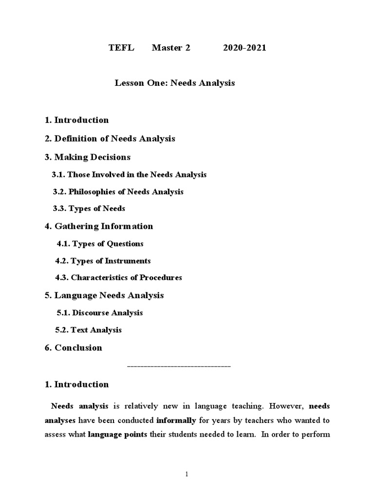 Tefl Master 2 2020-2021 Lesson One: Needs Analysis 2. Definition of ...