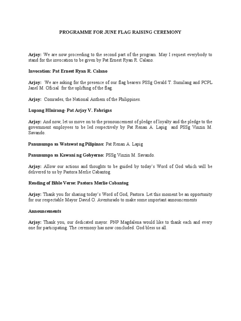 June Flag Raising Ceremony Programme Script | PDF | Religion & Spirituality