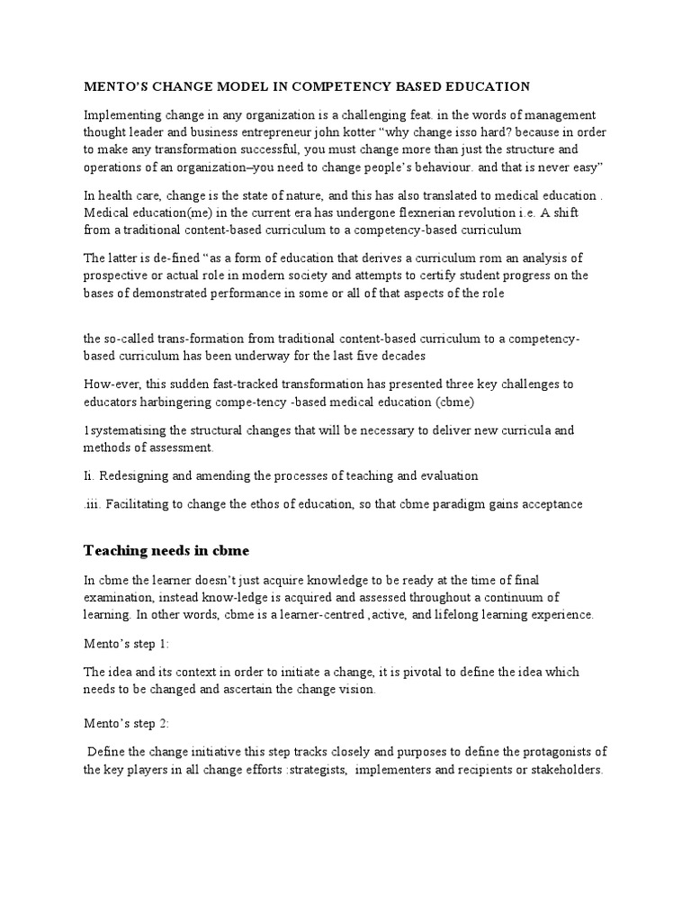 Mento'S Change Model in Competency Based Education: Teaching Needs in ...