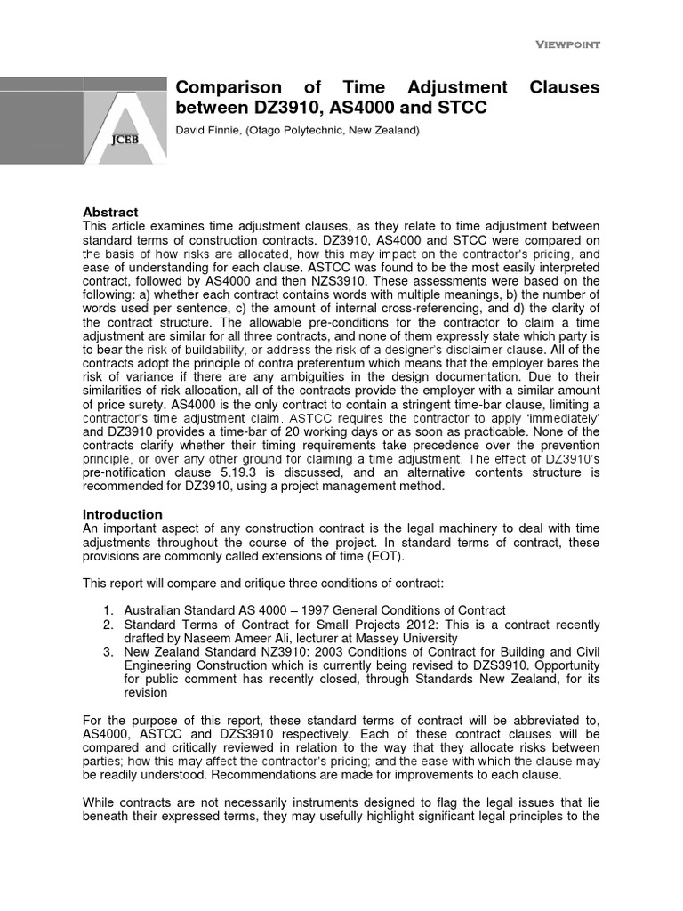 Time Adjustment Clauses: DZ3910 vs AS4000 vs STCC | PDF | Breach Of ...