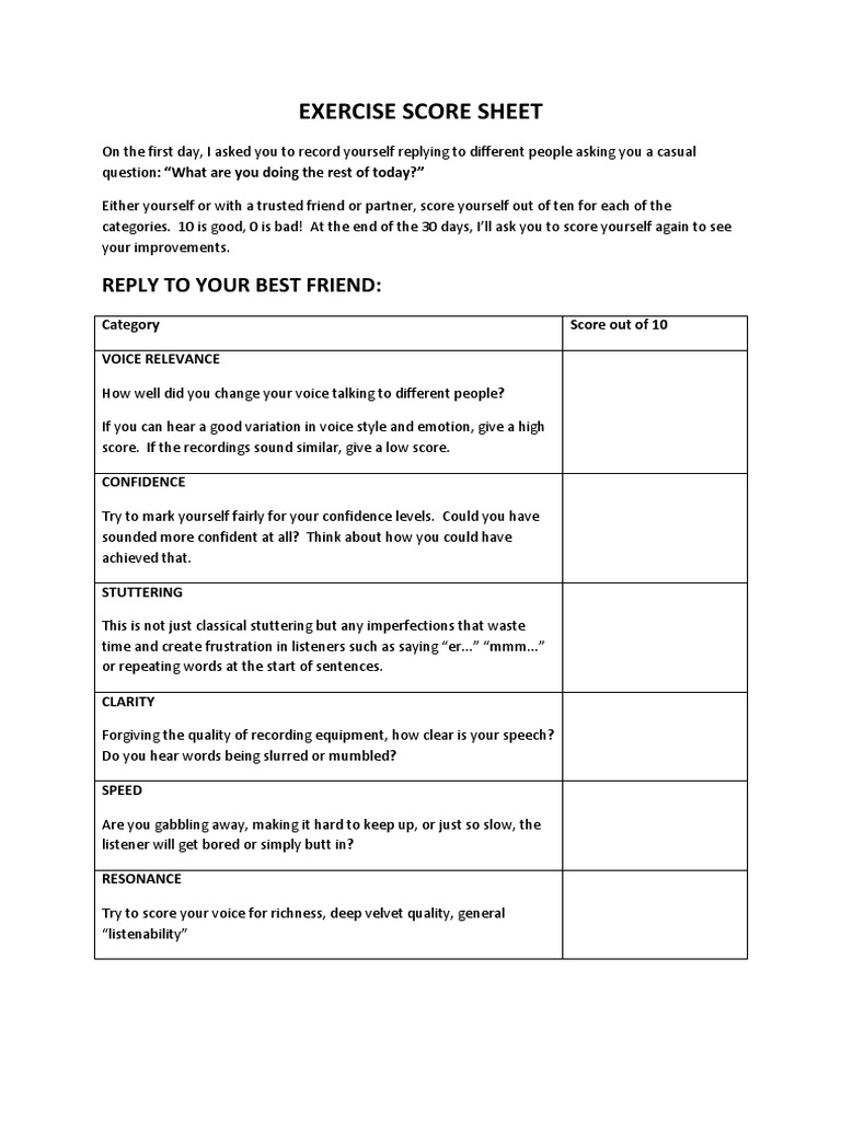 Exercise Score Sheet: Reply To Your Best Friend | PDF | Stuttering ...