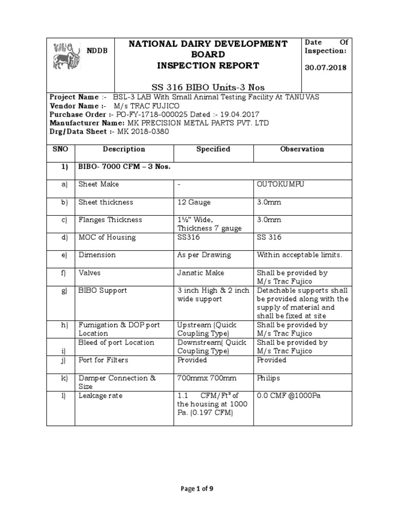 National Dairy Development Board Inspection Report: SS 316 BIBO Units-3 ...