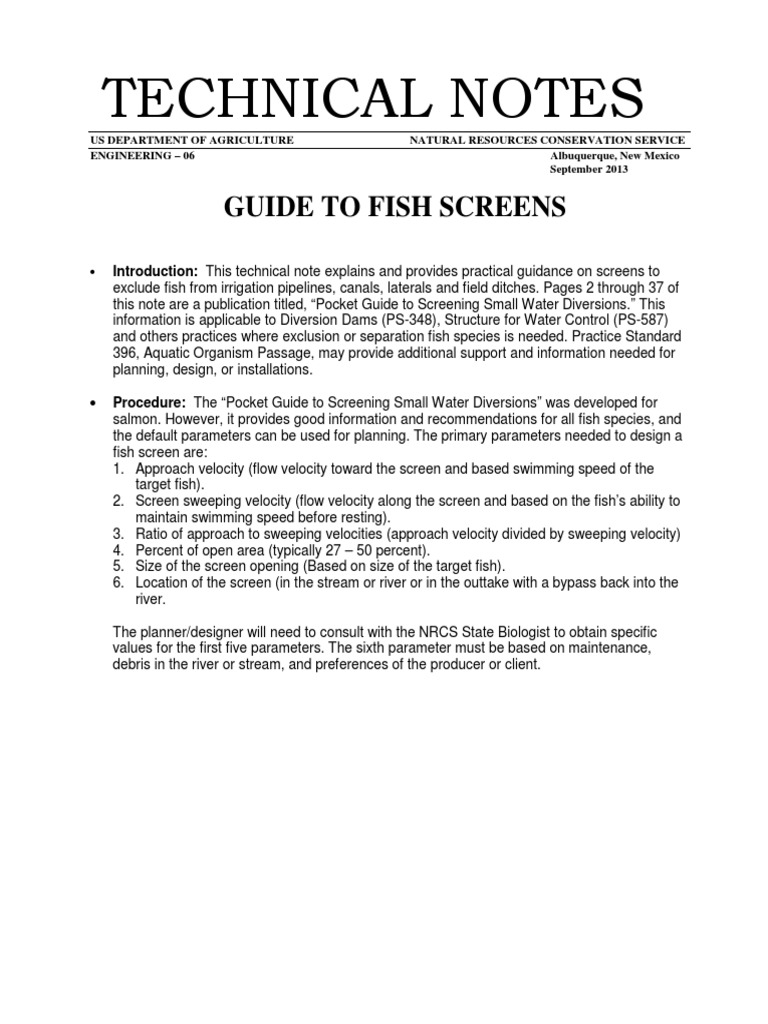 Technical Notes: Guide To Fish Screens | PDF | Sediment | Fluid Dynamics