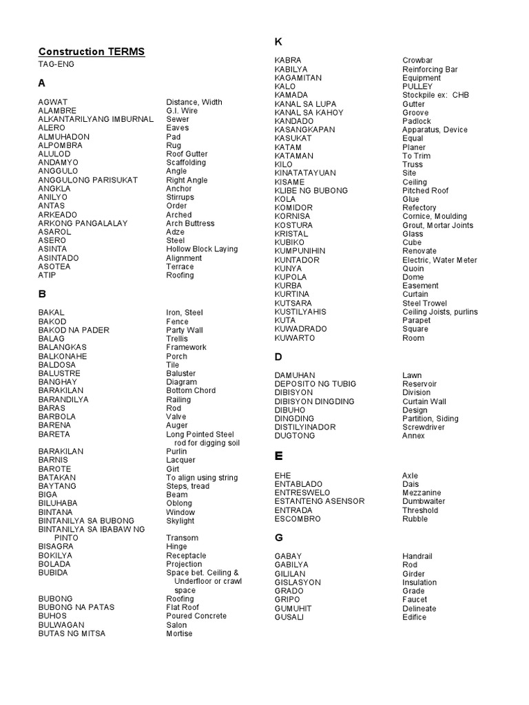 Tagalog-English Construction Terms | PDF | Components | Building ...