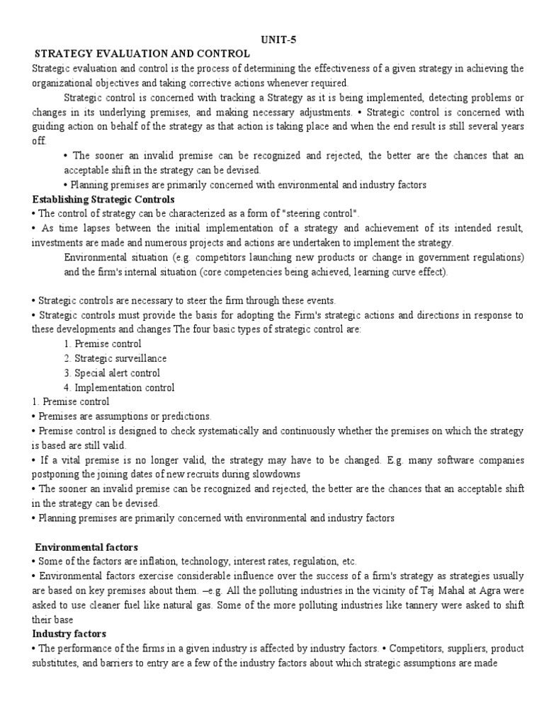 Strategic Evaluation and Control: Premise Control, Strategic ...