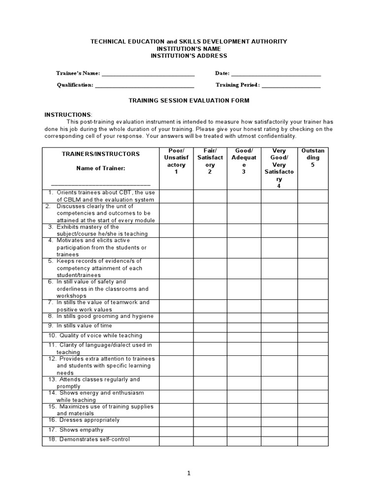 Training Session Evaluation Form | PDF | Educational Technology ...
