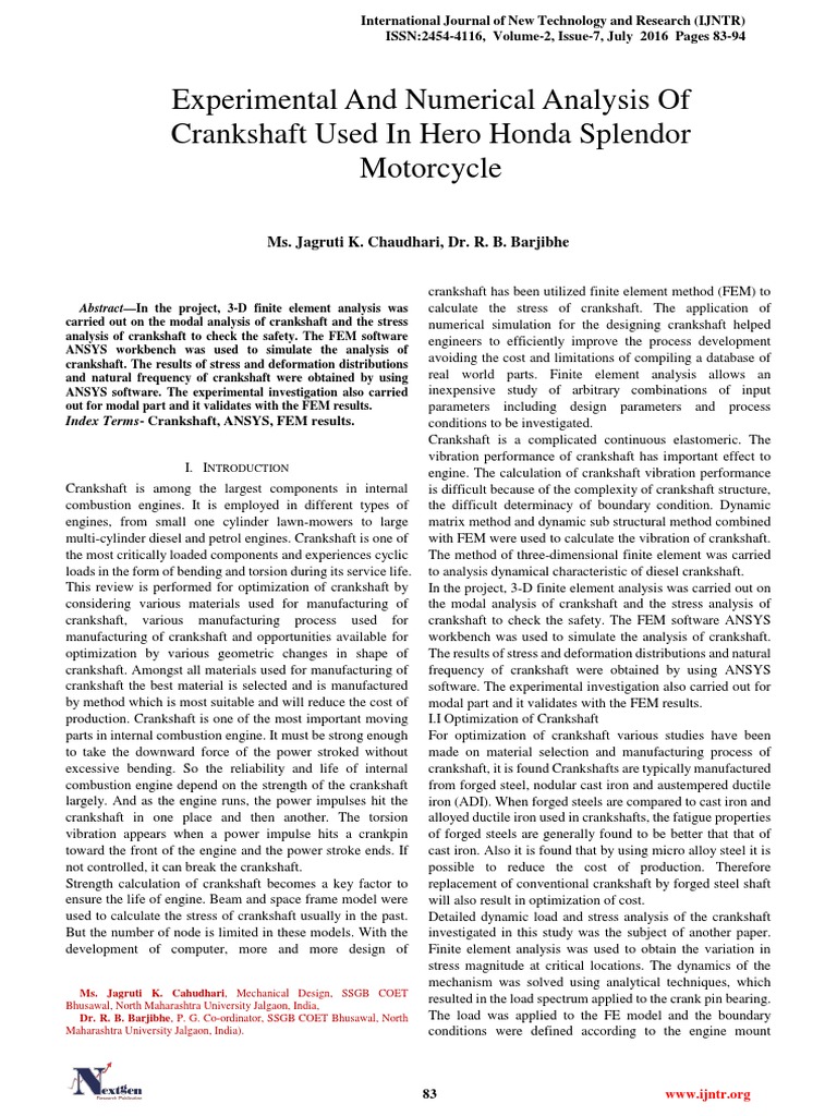 Experimental and Numerical Analysis of Crankshaft Used in Hero Honda ...