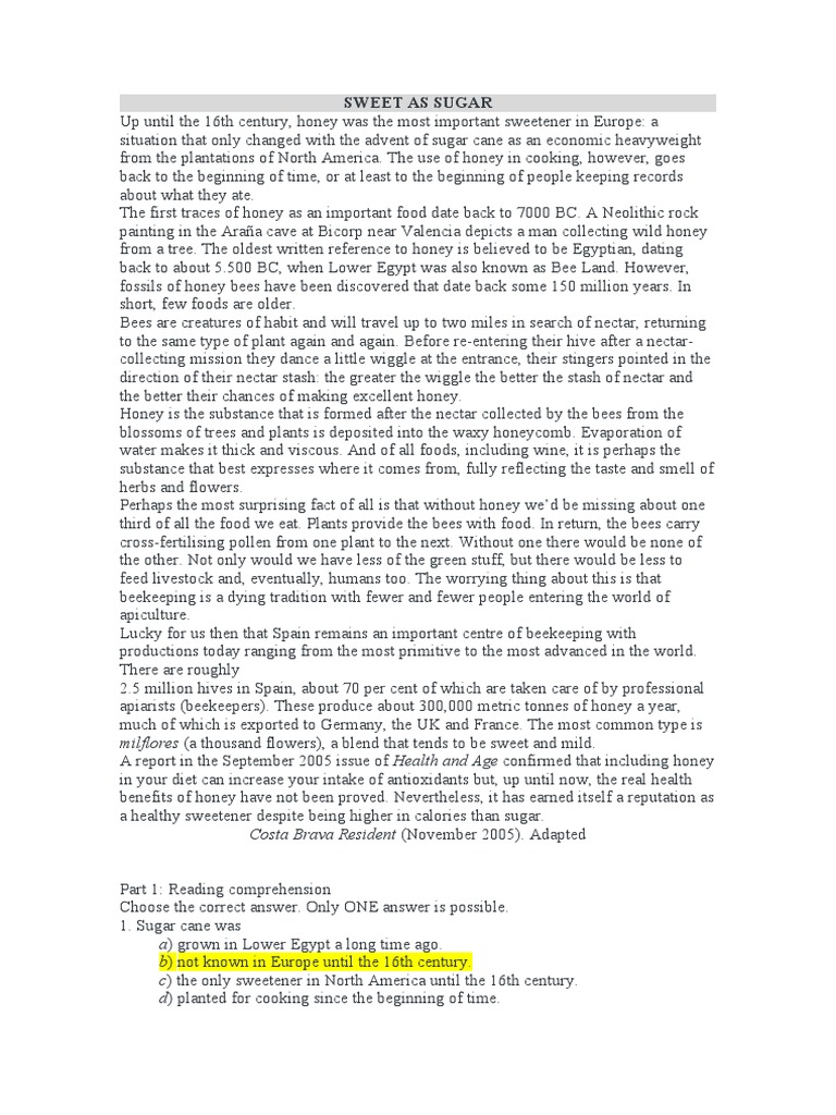 Reading Comprehension (Unit 9) Answers | PDF | Honey | Beekeeping