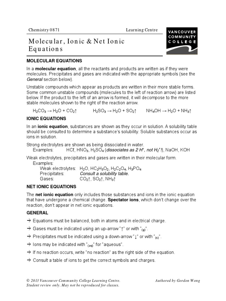 Molecular, Ionic & Net Ionic Equations | PDF | Dissociation (Chemistry ...
