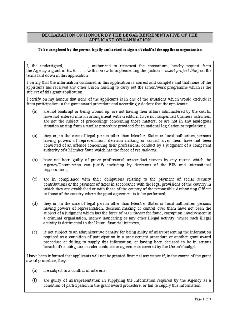 Declaration On Honour by The Legal Representative of The Applicant ...