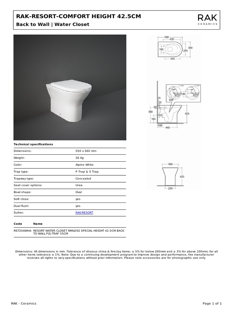 Rak Resort Comfort Height 42 5cm Water Closet Rimless Back To Wall P S ...