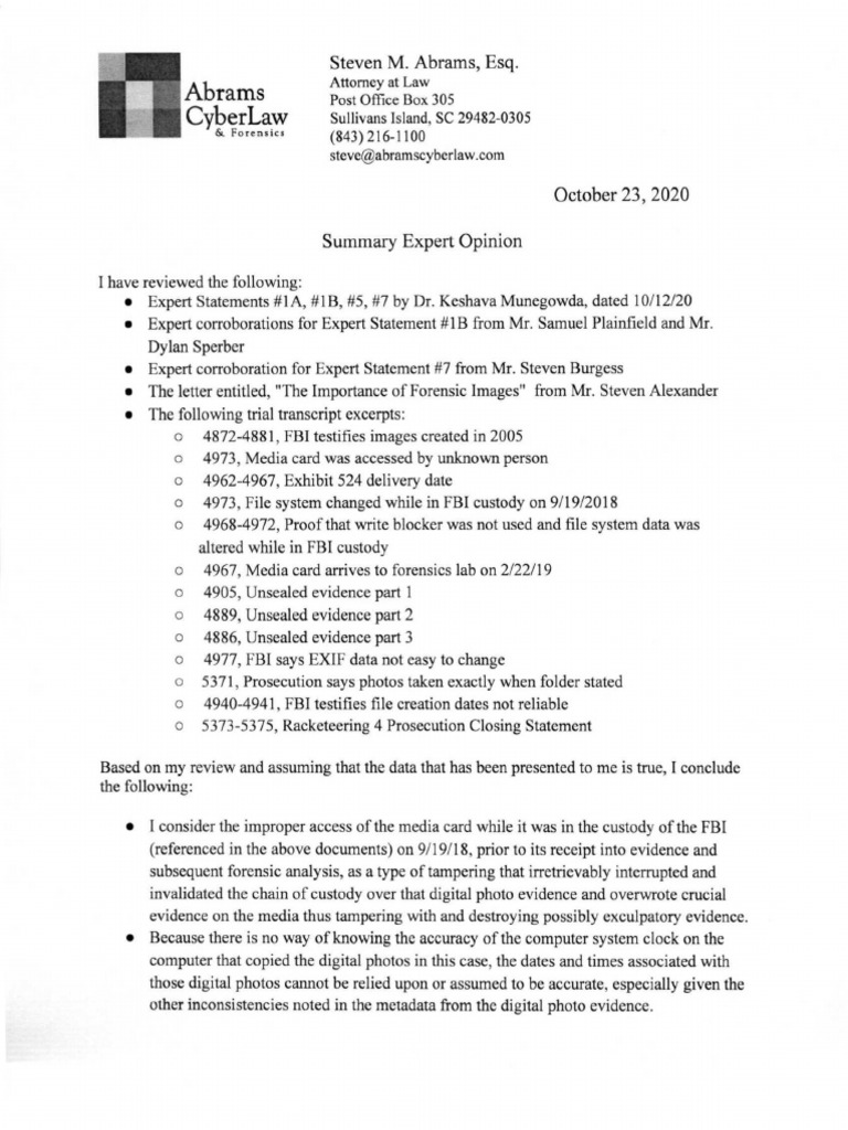 Steven Abrams M.S., J.D. Letter Certifying Tampering (18-cr-204) | PDF ...