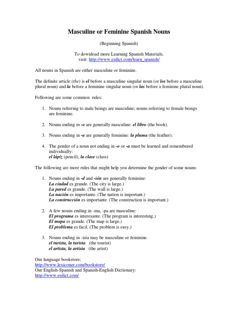 Masculine Vs Feminine Spanish Nouns | PDF | Grammatical Gender | Noun