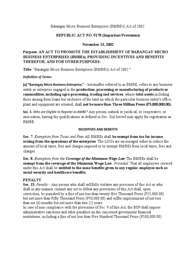 Barangay Micro Business Enterprises (BMBE's) Act of 2002 | PDF