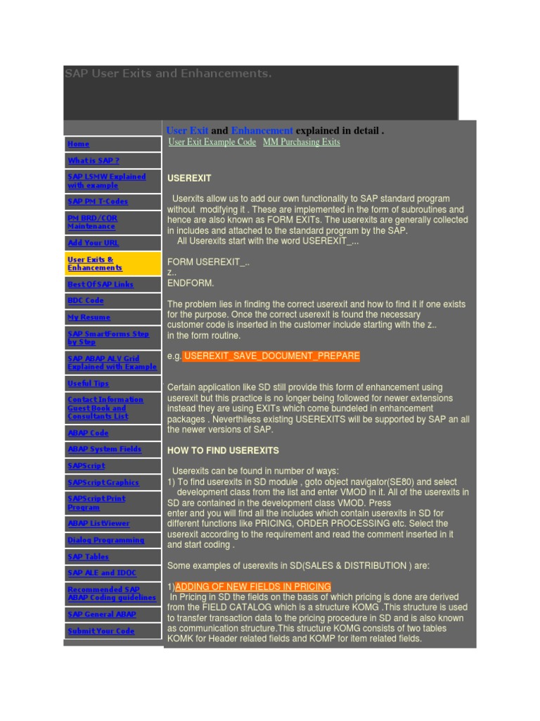 Sap User Exits And Enhancements Pdf Subroutine Menu Computing 1970