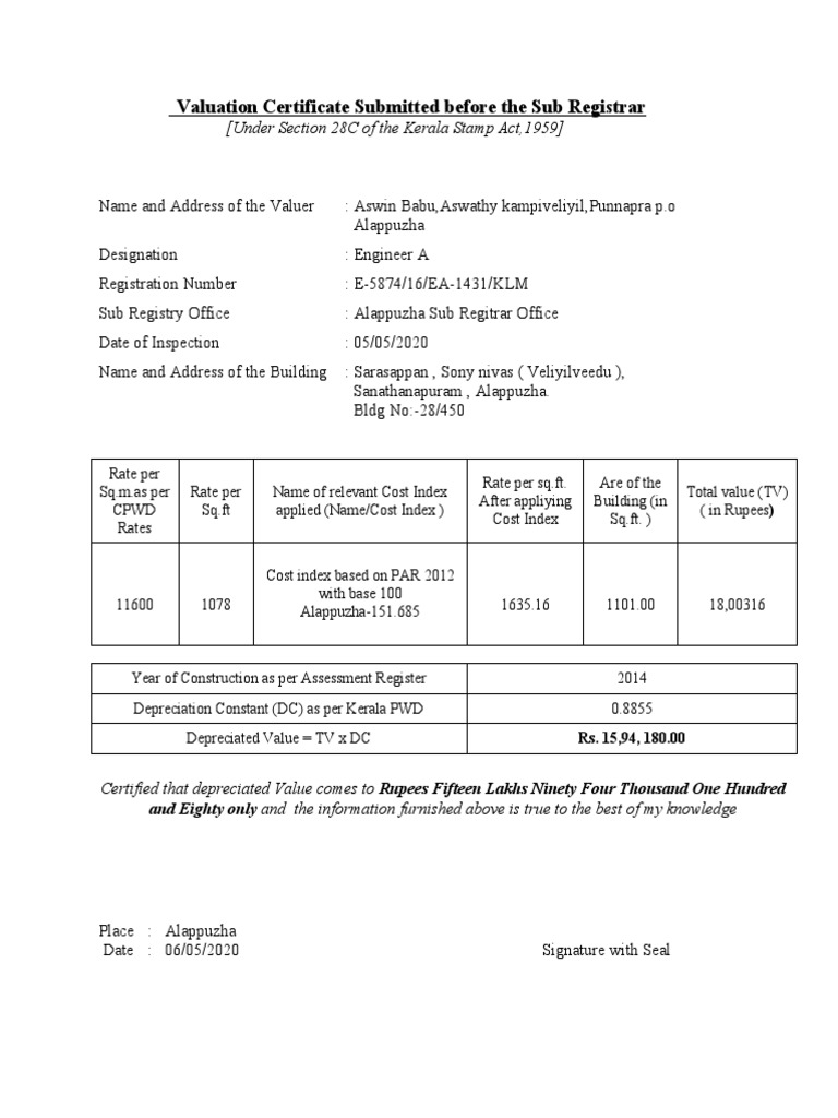 Valuation Certificate Submitted Before The Sub Registrar | PDF