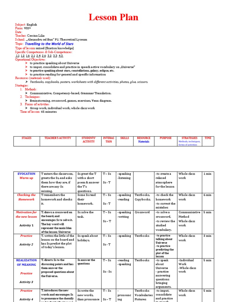 Lesson Plan: Travelling To The World of Stars | PDF | Vocabulary ...