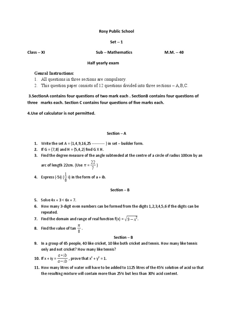 Class XI Maths Set 1 Half Yearly | PDF