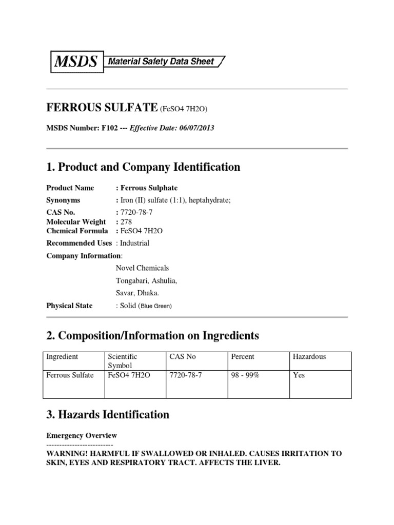 Ferrous Sulfate MSDS | PDF | Personal Protective Equipment | Breathing
