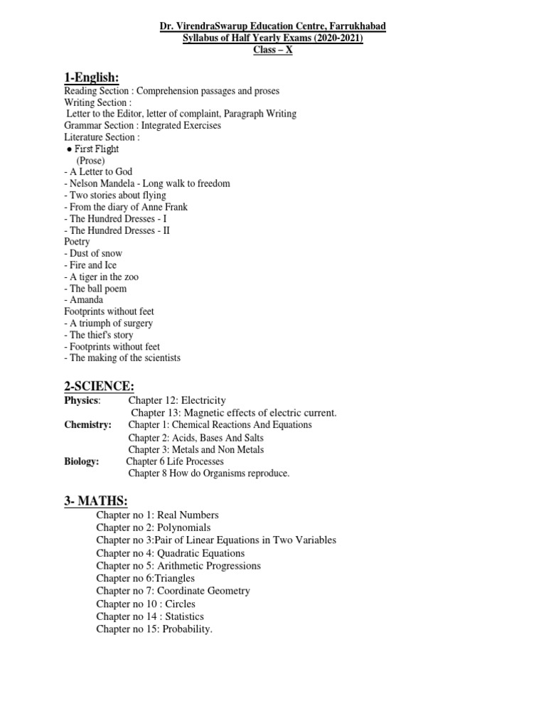 Half Yearly Syllabus Class 10 Updated | PDF | Equations | Teaching ...